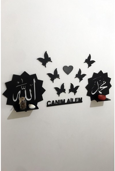 Gibella Canım Ailem Allah Muhammed Kelebek Ahşap Duvar Rafı - Mumluk - Küçük Saksılık Lazer Kesim Gibella Canım Ailem Allah Muhammed Kelebek Ahşap Duvar Rafı - Mumluk - Küçük Saksılık Lazer Kesim