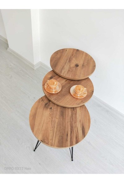 Bambeds Mobilya 3'lü Yuvarlak Zigon Sehpa, Çay Sehpası, Yan Sehpa Çam