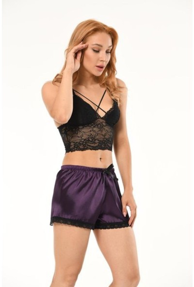 Elyamio Mürdüm Saten Şortlu Büstiyer Takım