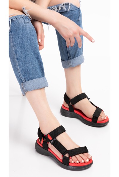 Mehmet Baran Kadın Sandalet Kırmızı Siyah Çırtlı