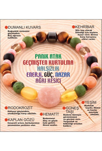 Osmanlı Doğaltaş Doğal Taş Panik Atak Bileklik - Dumanlı Kuvars-Kehribar-Rodokrozit-Kaplan Gözü-Hematit-Güneş Taşı-Yeşim Osmanlı Doğaltaş Doğal Taş Panik Atak Bileklik - Dumanlı Kuvars-Kehribar-Rodokrozit-Kaplan Gözü-Hematit-Güneş Taşı-Yeşim