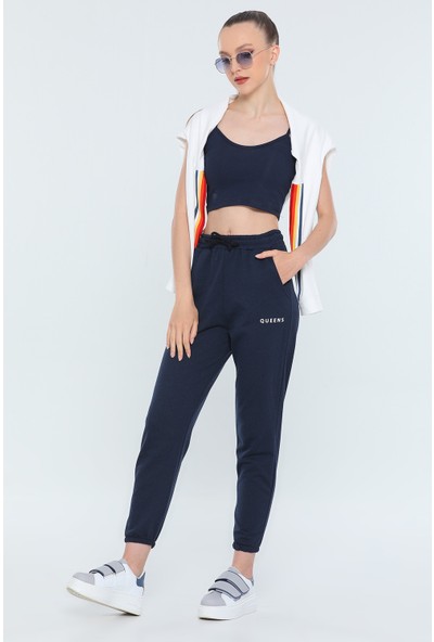 Julude Lacivert Kadın Yüksek Bel Paça Lastikli Cepli Baskılı Jogger Eşofman Altı P-039956