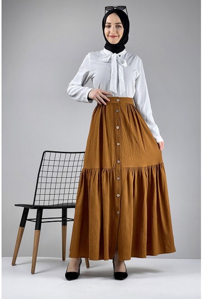 Moda Çizgi Düğme Detaylı Etek Tütün Moda Çizgi Düğme Detaylı Etek Tütün