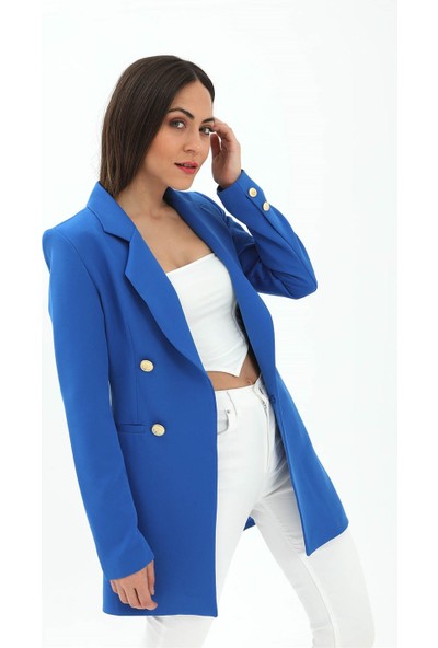 VprModa Omuzları Vatkalı Önü Çıtçıtlı Atlas Kumaş Kadın Blazer Ceket - Saksmavisi VprModa Omuzları Vatkalı Önü Çıtçıtlı Atlas Kumaş Kadın Blazer Ceket - Saksmavisi