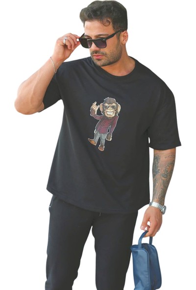 Erkek Oversize Baskılı T-Shirt Siyah Renk Pamuklu
