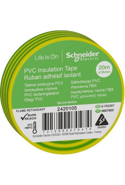Schneider Sarıyeşil İzole Bant Elektrik Bandı 20 Metre Schneider Sarıyeşil İzole Bant Elektrik Bandı 20 Metre