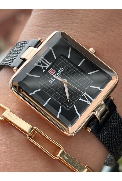 Reward Kare Çelik Kordon Siyah Bayan Kol Saatleri+Bileklik