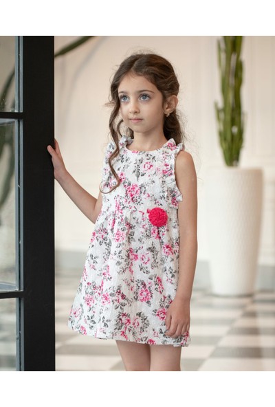 Fiorella Kız Çocuk Pembe Gül Desenli Işlemeli Organik Astarlı Fermuarlı Beyaz Keten Elbise 32008 Fiorella Kız Çocuk Pembe Gül Desenli Işlemeli Organik Astarlı Fermuarlı Beyaz Keten Elbise 32008