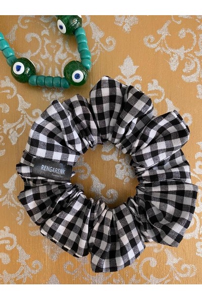 Rengarenk Scrunchies Siyah Pötikare(Ekose) Scrunchie Kumaş Simit Toka