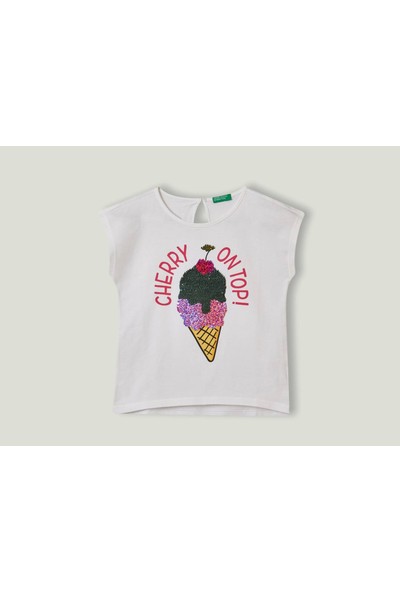 Benetton Payetli Dondurma Baskılı Tshirt