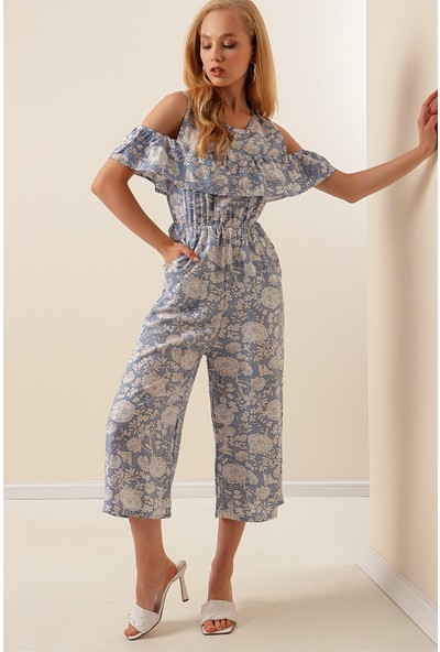 Hakke Çiçek Desen Fırfır Tulum