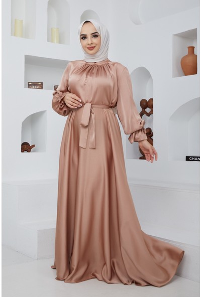 İmaj Butik Büyük Beden Kol Bağlama Detaylı Saten Tesettür Abiye/vizon İmaj Butik Büyük Beden Kol Bağlama Detaylı Saten Tesettür Abiye/vizon