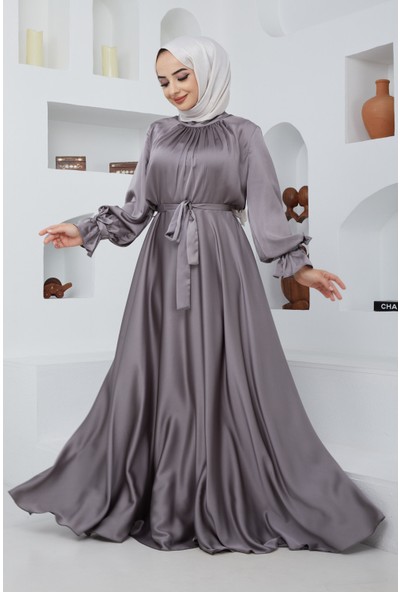 İmaj Butik Büyük Beden Kol Bağlama Detaylı Saten Tesettür Abiye/gri İmaj Butik Büyük Beden Kol Bağlama Detaylı Saten Tesettür Abiye/gri