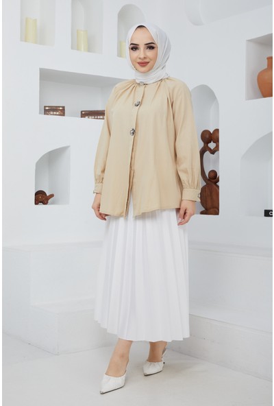 İmaj Butik Önü Taş Detaylı Gizli Düğmeli Salaş Tesettür Tunik /bej