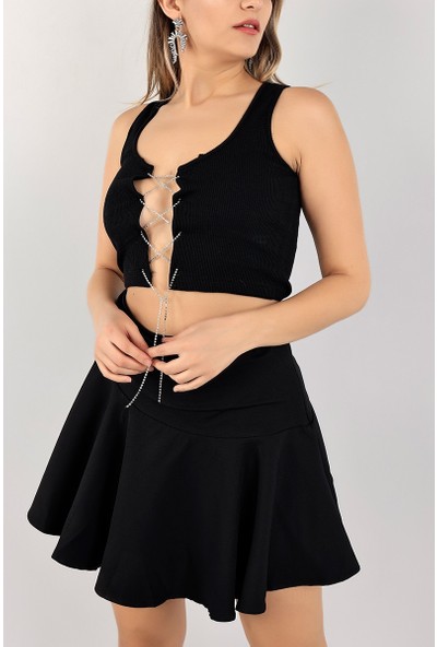 By Love Stil Siyah Taş Zincir Tasarım Fitilli Bluz