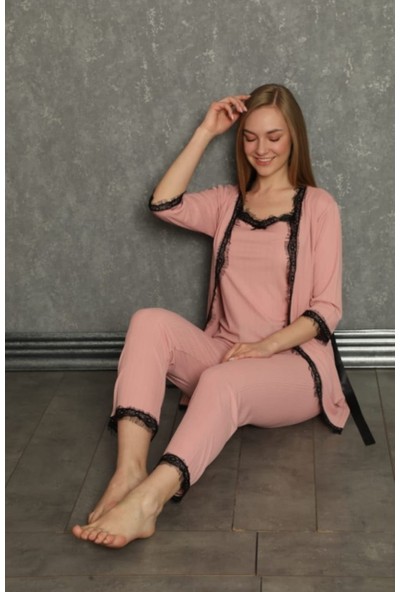 Kadın Dantelli Ip Askılı Sabahlık Üçlü Pijama Takımı