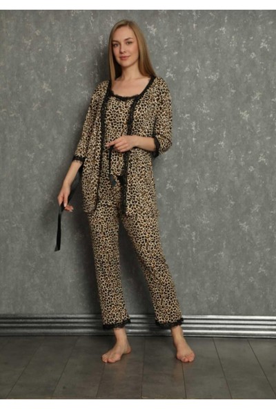 Kadın Dantelli Ip Askılı Sabahlık Üçlü Pijama Takımı