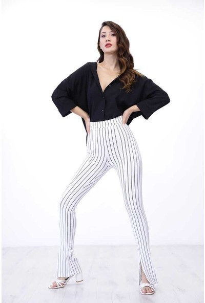 Paça Yırtmaçlı Çizgili Tayt