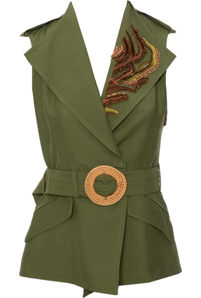 GIZIA Viskon Keten Nakış Detaylı Kemerli Yeşil Yelek