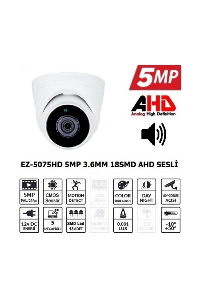 Hikvision Ezcool EZ-5075HD 5mp 3.6mm 18SMD Ahd Sesli Dome Hikvision Ezcool EZ-5075HD 5mp 3.6mm 18SMD Ahd Sesli Dome