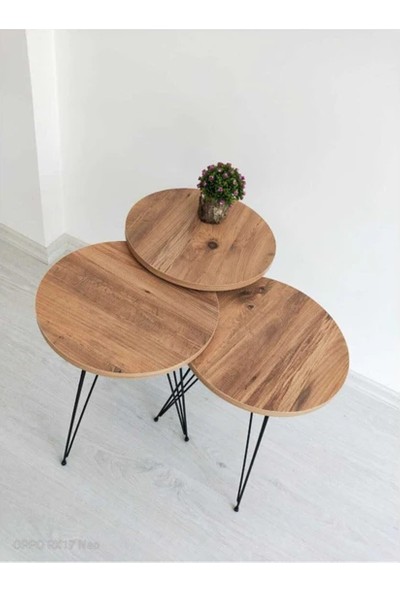 Bambeds Mobilya 3'lü Yuvarlak Zigon Sehpa, Çay Sehpası, Yan Sehpa