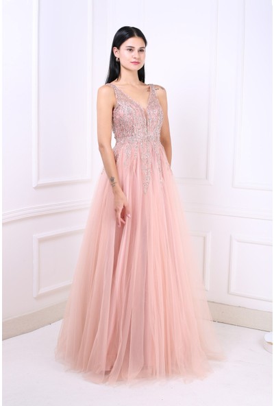 Abiyeniall Abiyenial Kolsuz Sim Işlemeli Prenses Abiye Elbise Pudra 6871