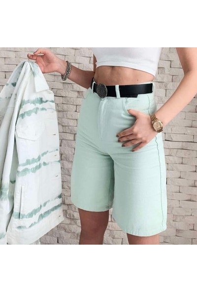Kendinden Kemerli Gabardin Bermuda Şort