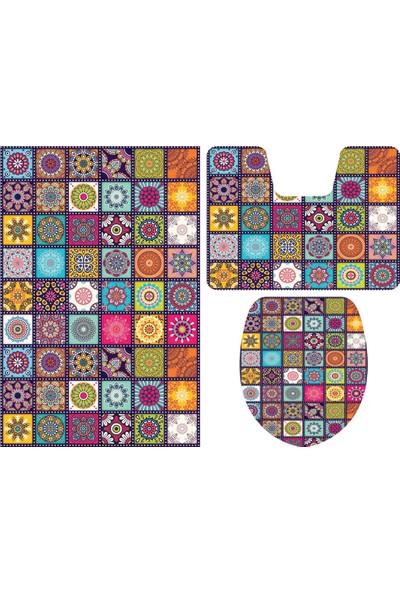 Kaymaz Leke Yapmaz Yıkanabilir Mandala Desenli 3 Lü Klozet Takımı Kaymaz Leke Yapmaz Yıkanabilir Mandala Desenli 3 Lü Klozet Takımı