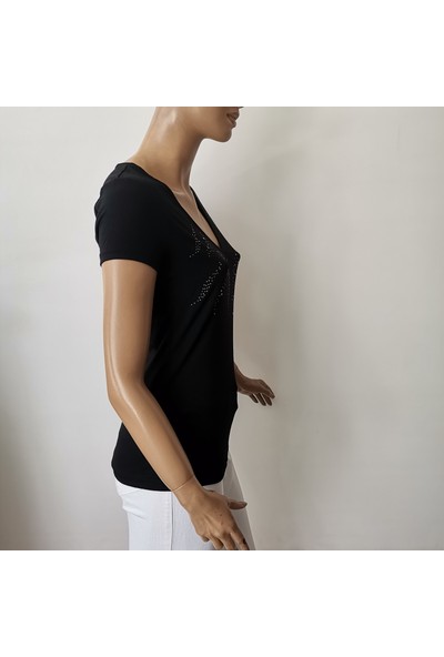 Boutiqua Siyah V Taş Detaylı Bluz