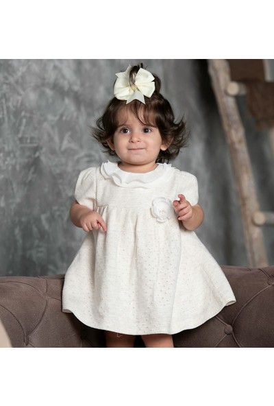 Fiorella Kız Bebek Gül Işlemeli Yaka Detaylı Organik Astarlı Bej Elbise 22706