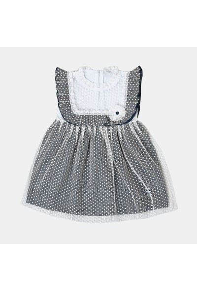 Fiorella Kız Çocuk Beyaz Tüllü Lacivert Organik Astarlı Fermuarlı Nakışlı Elbise 32022