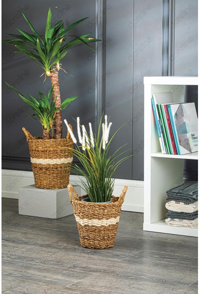 2 Boy Beyaz Şeritli Konik Hasır Saksı Sepet 2 Boy Beyaz Şeritli Konik Hasır Saksı Sepet