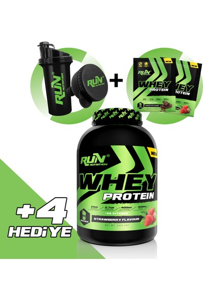 Run Nutrition Whey Protein 2400 Gr (Çilek Aromalı) + Shaker + Huni + 2 Adet Tek Kullanımlık Whey Protein Hediyeli Run Nutrition Whey Protein 2400 Gr (Çilek Aromalı) + Shaker + Huni + 2 Adet Tek Kullanımlık Whey Protein Hediyeli