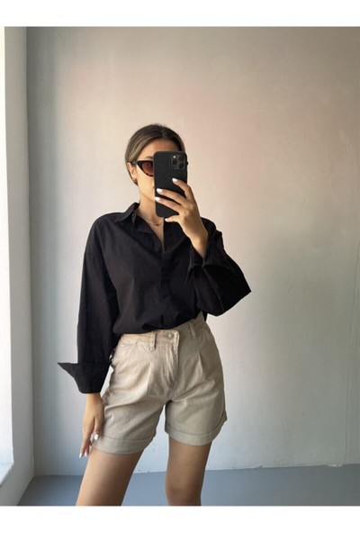 Quzu Kadın Siyah Oversize Gömlek (21Y11288-01)
