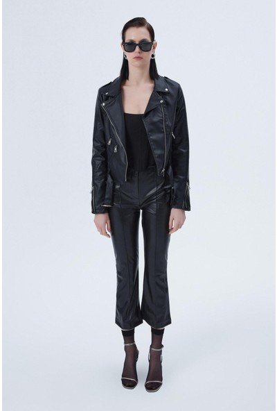 Quzu Kadın Siyah Üç Fermuarlı Deri Ceket (19K54011-01)