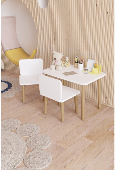 Pofitto Yaz-Sil Yüzey Çocuk Masası - Aktivite Masası - Çocuk Çalışma Masası Takımı 2 Adet Sandalyeli