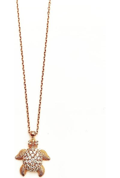 Oriental Zirkon Taşlı Gümüş Kaplumbağa Rose Kolye