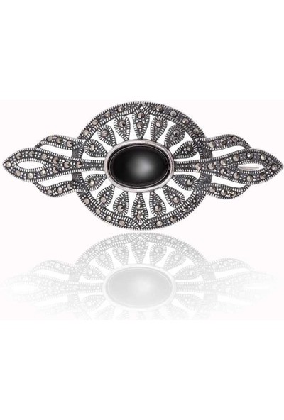 Gumush Gümüş Markazit ve Oniks Taşlı Broş