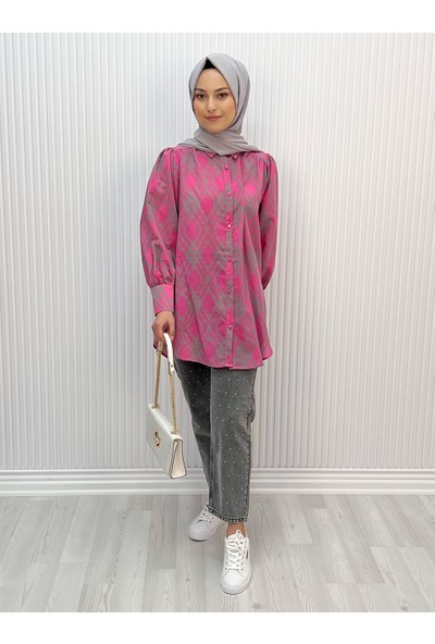 Namefse Desenli Keten Gömlek - Pembe