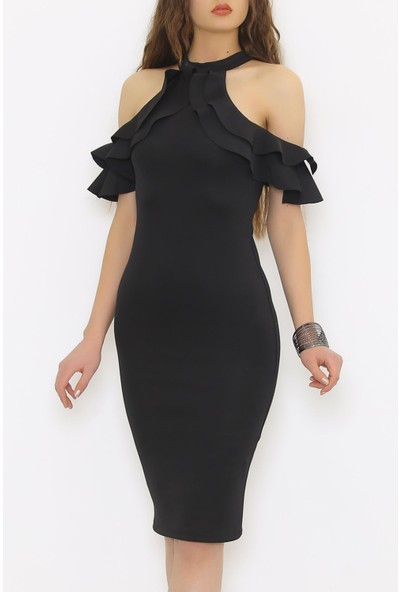 Depoxml Ön Kol Çift Volanlı Elbise Siyah - 58299.1592.
