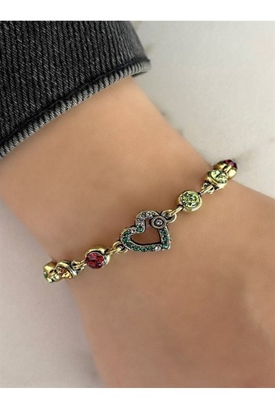 Hediyelikler Shop Antik Sarı Renk Kalp Figürlü Renkli Taşlı Bileklik