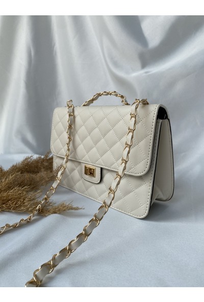 Melecco Krem Desenli Zincir Detaylı El ve Omuz Kadın Çanta