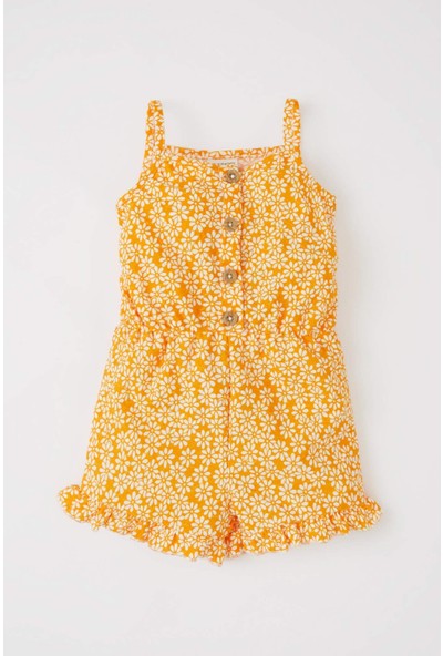 DeFacto Kız Bebek Çiçekli Kare Yaka Askılı Krep Kısa Tulum Y3136A222SM