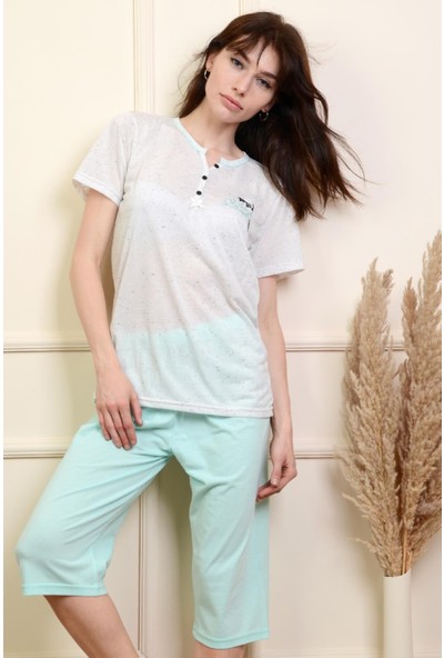 Pınkmark Kadın Ekru Mınt Nakışlı Kısa Kol Kapri Büyük Beden Pijama Takımı PMTK25515 Pınkmark Kadın Ekru Mınt Nakışlı Kısa Kol Kapri Büyük Beden Pijama Takımı PMTK25515