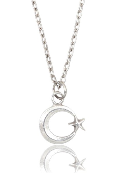 Bu Farklı Ay Yıldız - Minimal Erkek Kadın Kolye Antik Gümüş Kaplama - 60 cm Düz Zincir