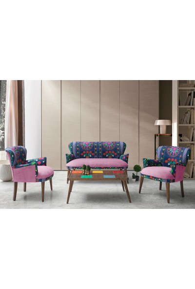 Mobilya Bazarı Hawaya Etnik Desen Mor 2+1+1+Sehpa Çay Seti