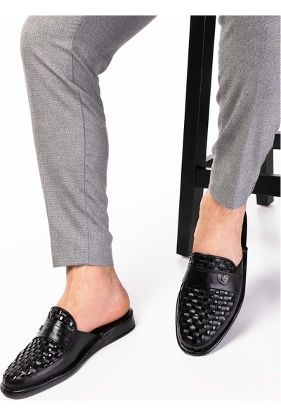 Gondol Erkek Deri Örgü Desen Damat Ev Terliği KAYAŞ.102 - Siyah - 45