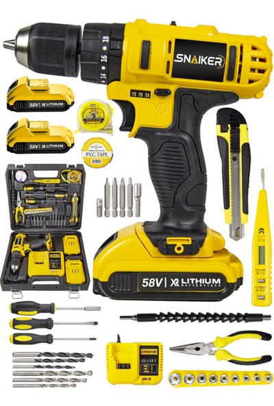 Snaiker Alman Cl-S 58 V 5 Ah Darbesiz Çift Akülü Şarjlı Vidalama Matkap 32 Parça Hobi Set Snaiker Alman Cl-S 58 V 5 Ah Darbesiz Çift Akülü Şarjlı Vidalama Matkap 32 Parça Hobi Set