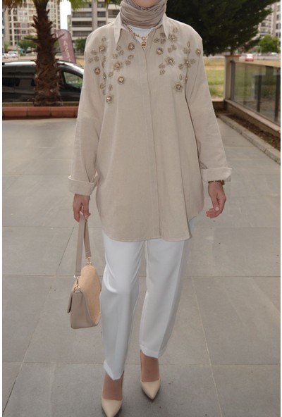 Asela Keten Nakışlı Tesettür Tunik Gömlek Asela Keten Nakışlı Tesettür Tunik Gömlek