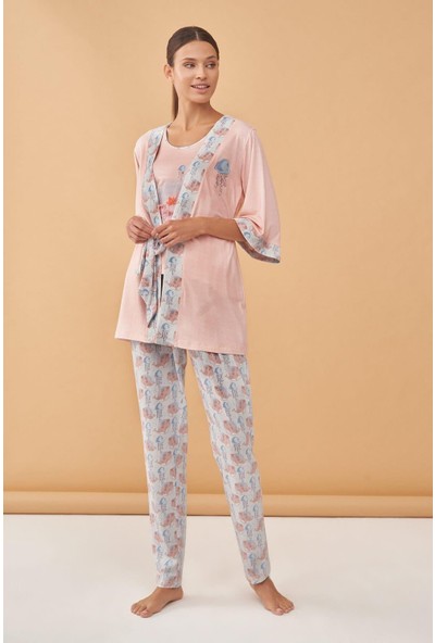 Feyza Kadın 3'lü Sıfır Kollu Pijama Takımı 4034 - Somon